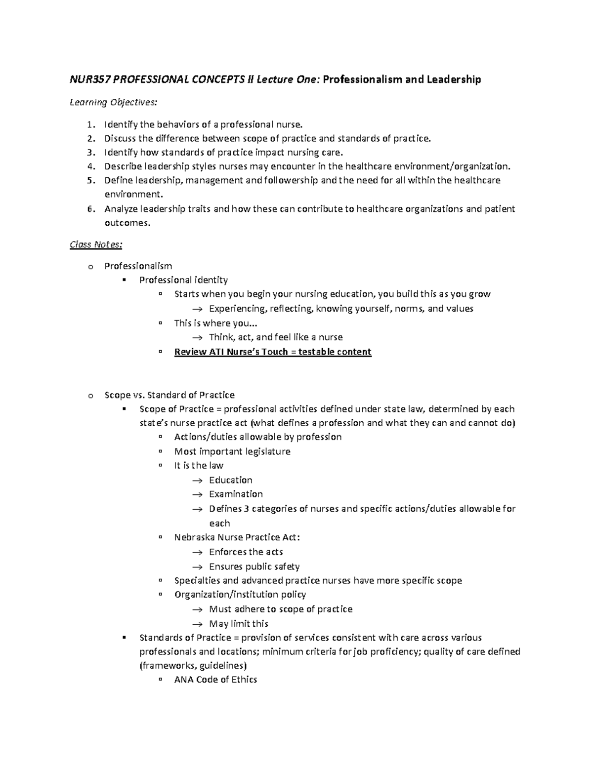 NUR 357 Lecture 1 (Professionalism and Leadership) - NUR357 ...