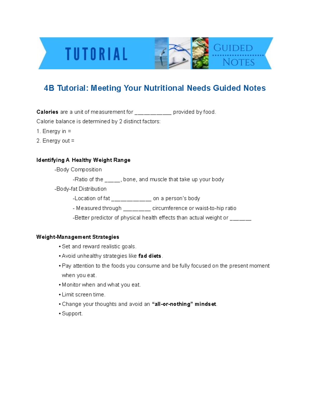 4B Tutorial Meeting Your Nutritional Needs Guided Notes-2 - Calorie ...