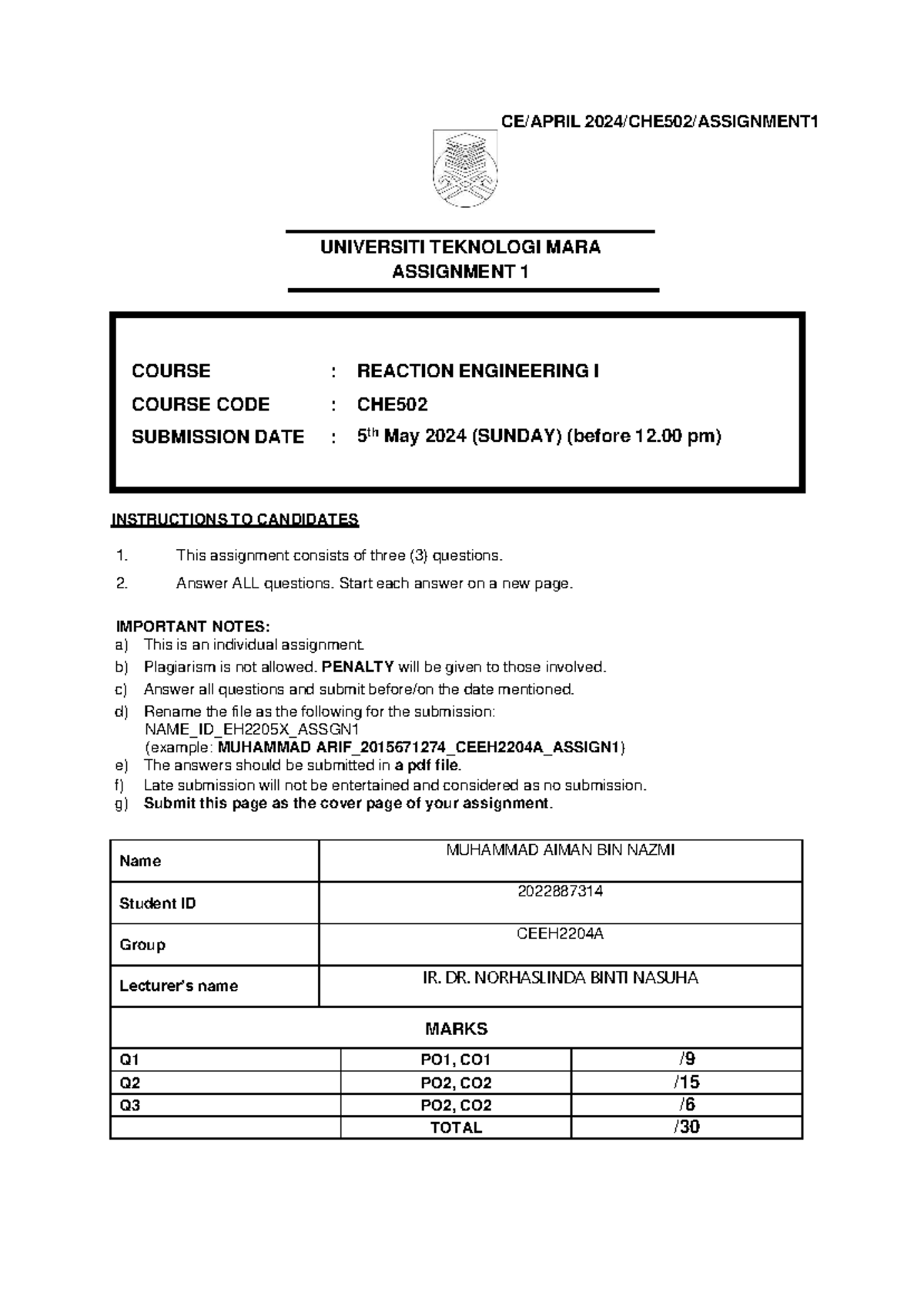 CHE502 Assignment 1 (20242) - CE/APRIL 2024/CHE502/ASSIGNMENT ...