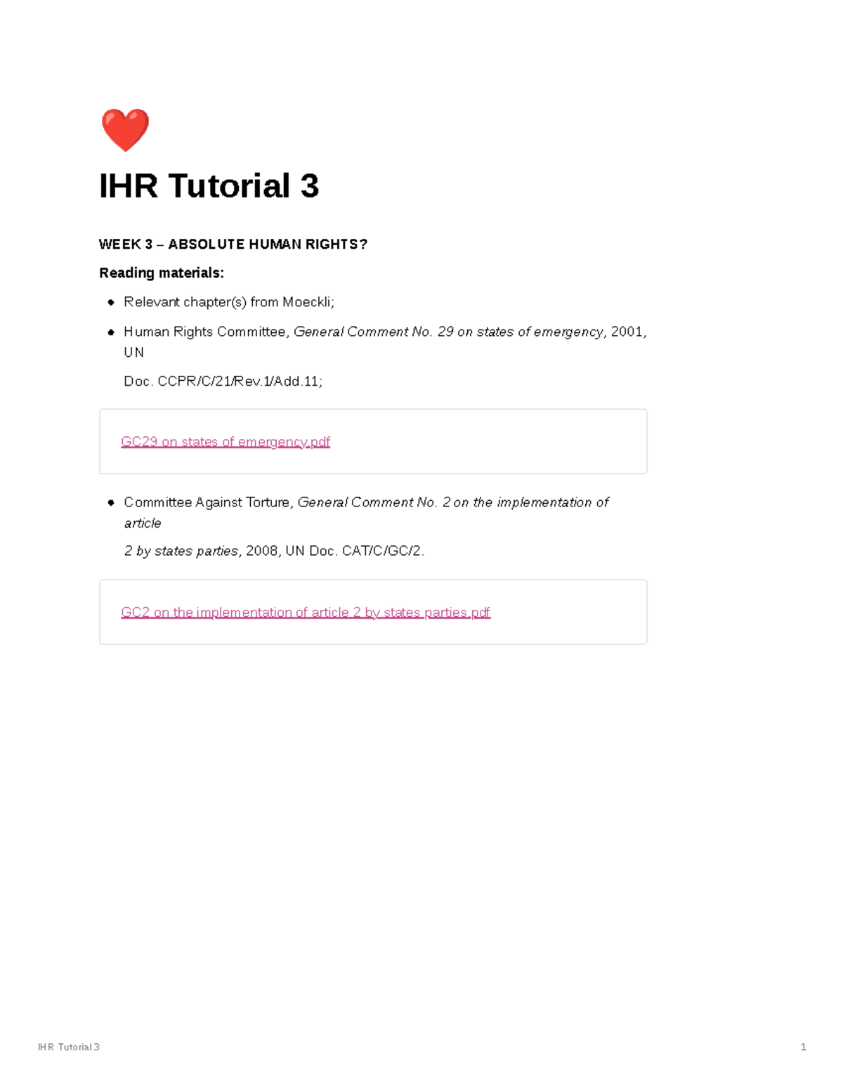 IHR tutorial 3 - IHR Tutorial 3 WEEK 3 – ABSOLUTE HUMAN RIGHTS? Reading ...