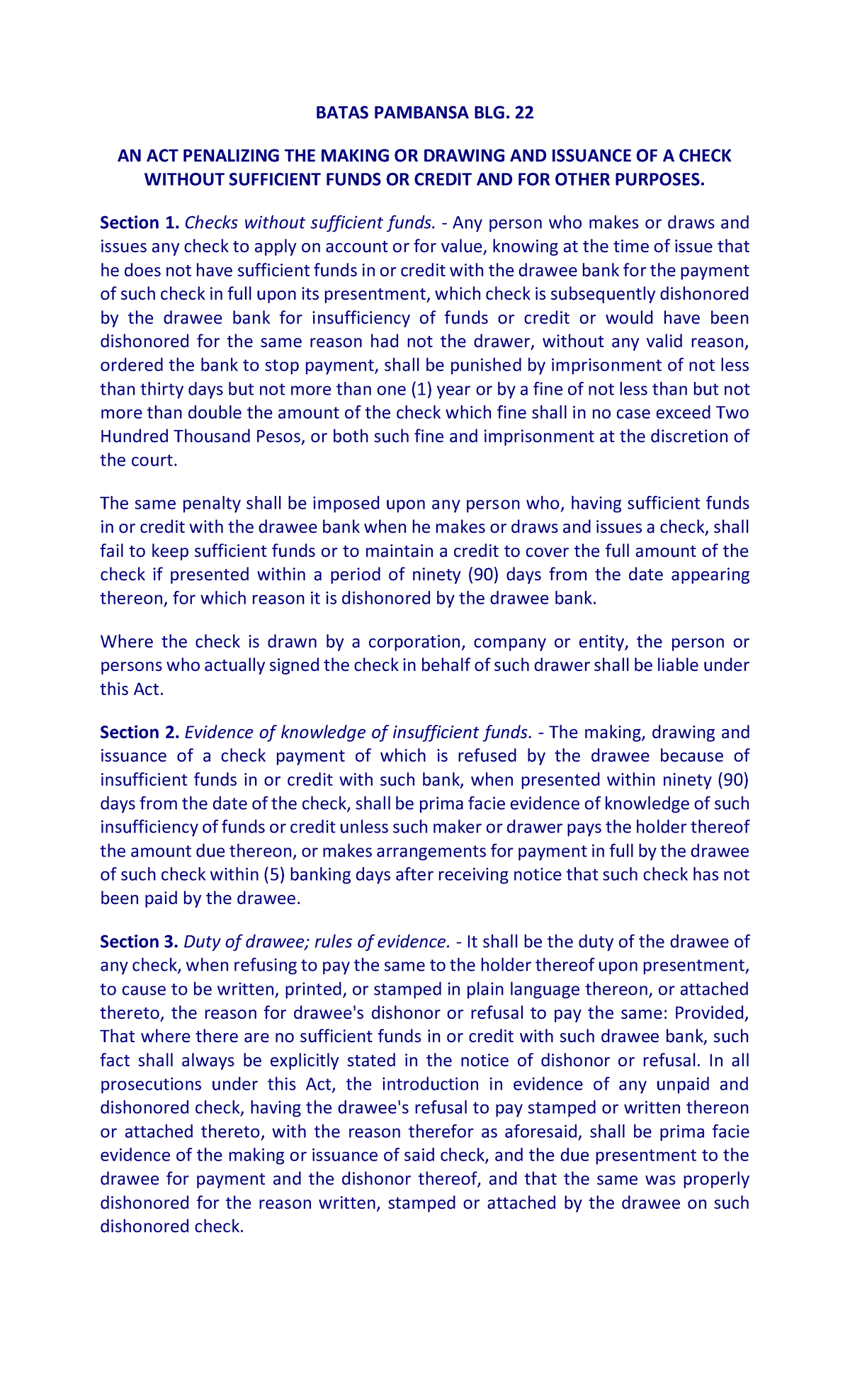 Batas Pambansa BLG-1-1 - BATAS PAMBANSA BLG. 22 AN ACT PENALIZING THE ...