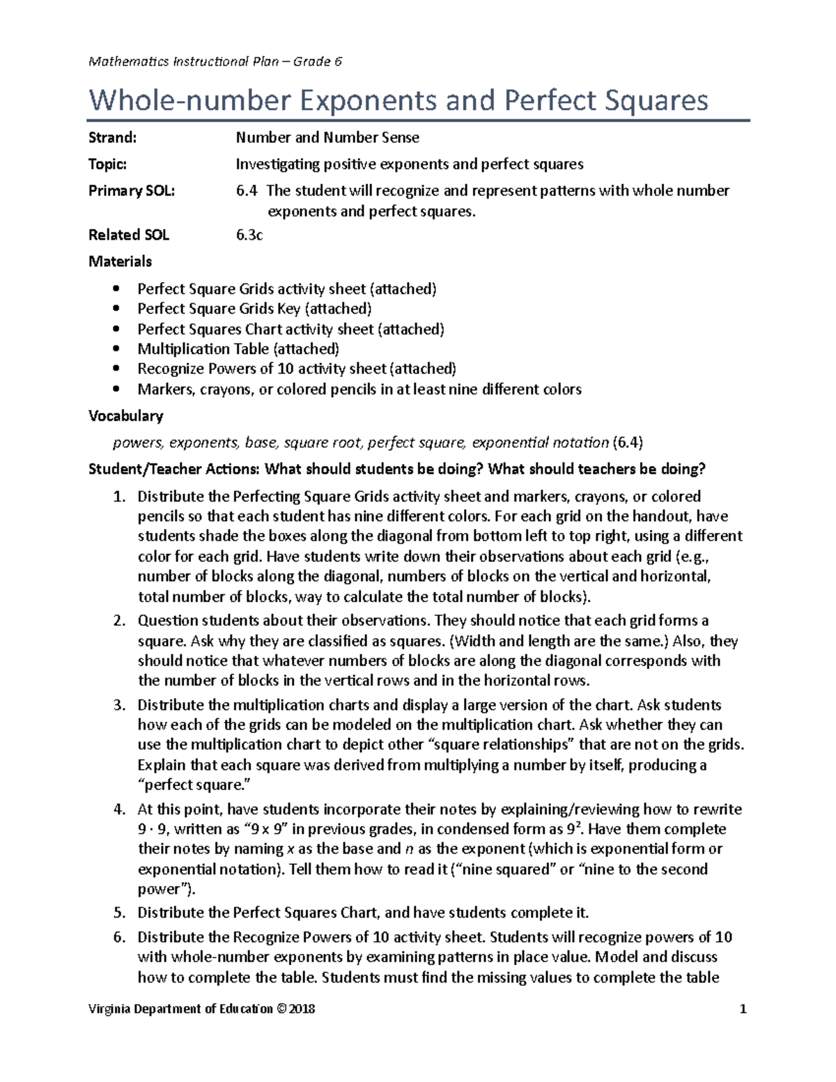 Exponents and Perfect Squares - Teacher Guide - Virginia Department of ...