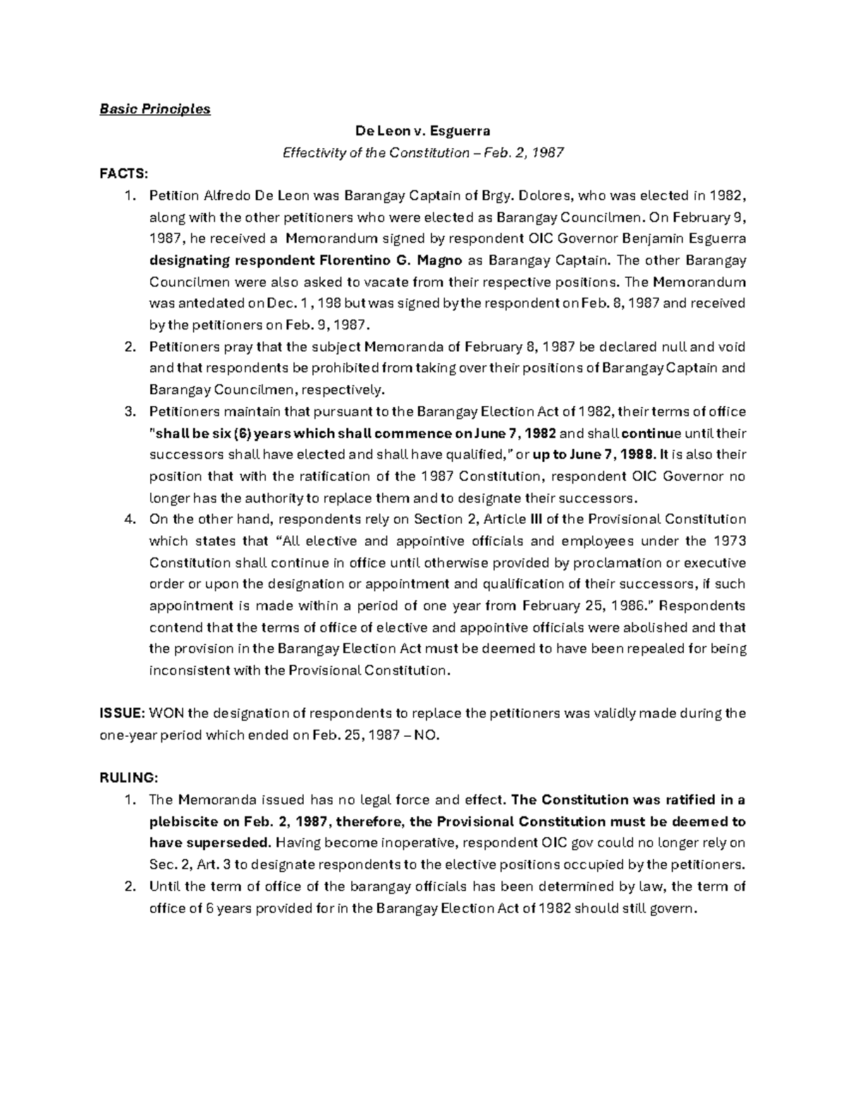 De Leon v. Esguerra Case Digest - Basic Principles De Leon v. Esguerra ...