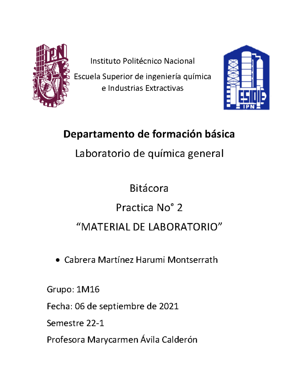Reporte DE Bitacora Practica NO. 2 Cabrera Martínez Harumi 1IM16 ...
