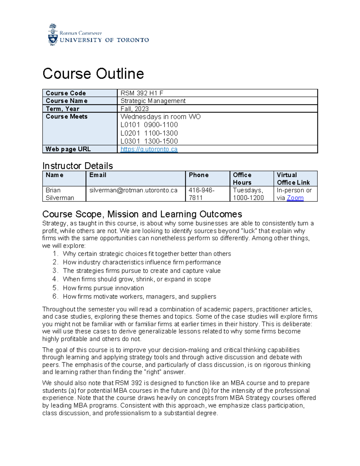 RSM392 - Syllabus - Course outline - Course Outline Course Code RSM 392 ...