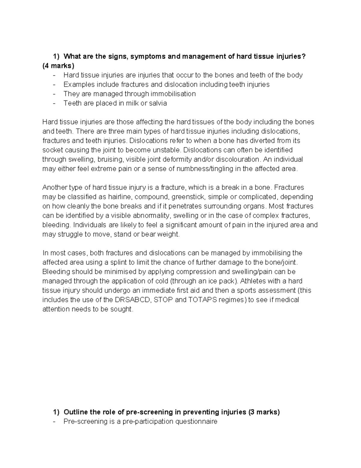 HSC Pdhpe Sports Medicine Responses - 1) What are the signs, symptoms ...