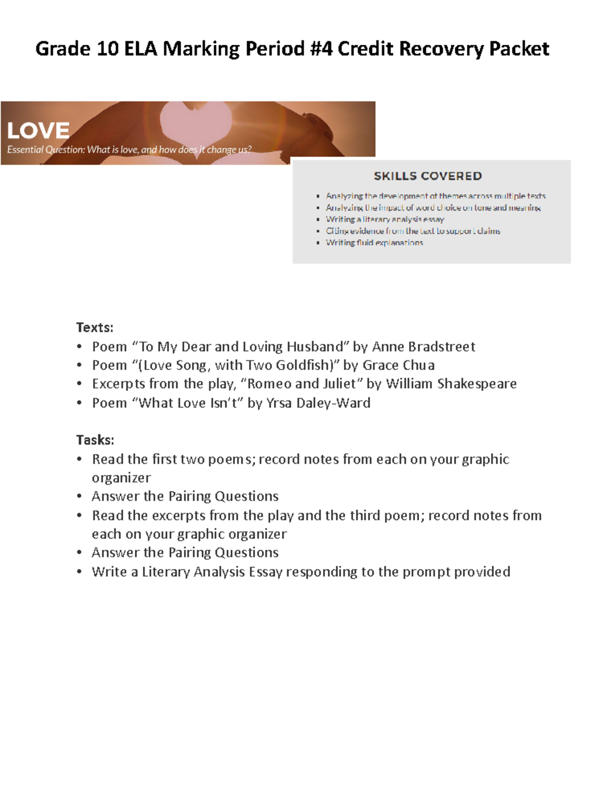 ELA G10 MP4 Credit Recovery Packet - Texts: • Poem “To My Dear and ...
