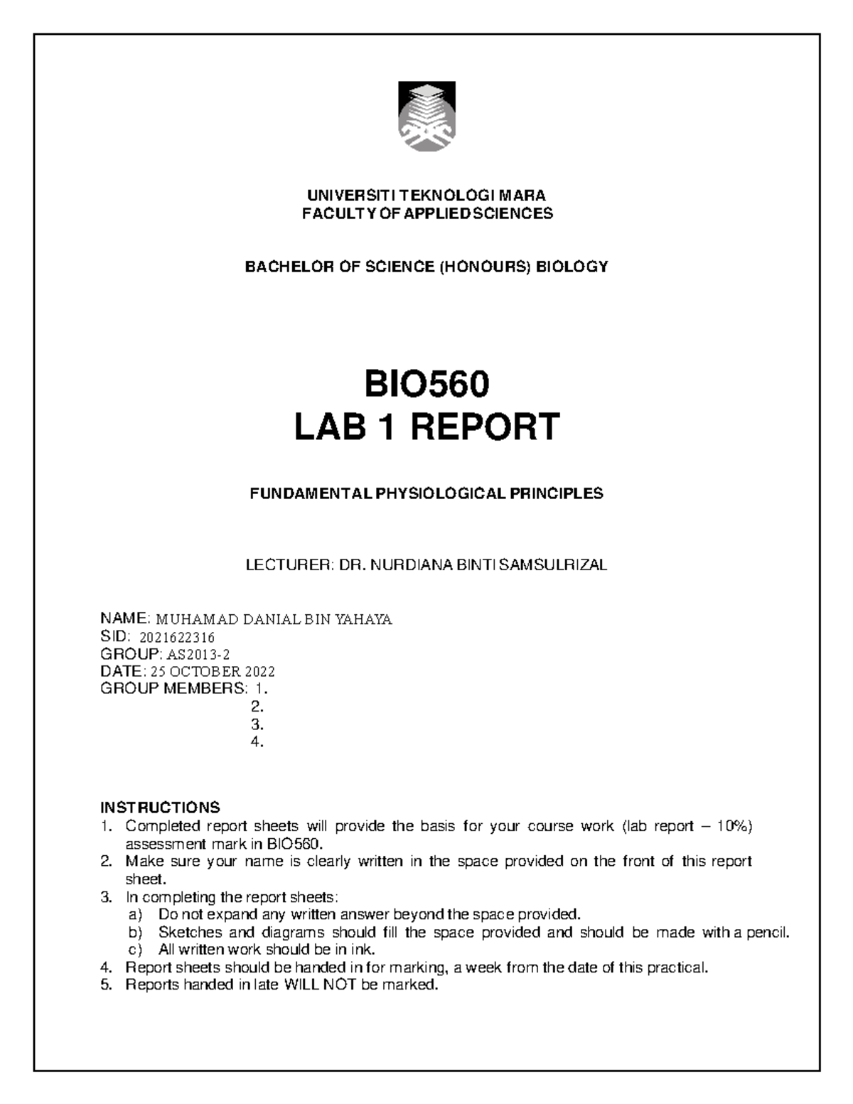 Lab bio560 - This is the Lab Report for Animal Physiology - UNIVERSITI ...