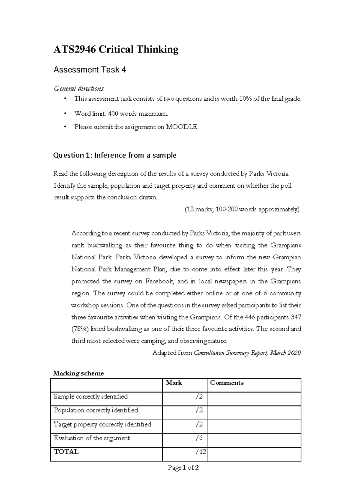 AT4 2020 S2 - Week 4 Practise material - Page 1 of 2 ATS2946 Critical ...
