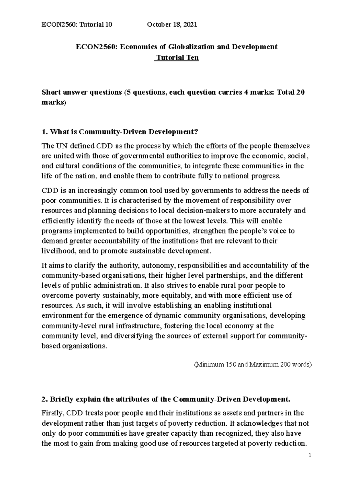 ECON2560 - Tutorial Ten - ECON2560: Economics of Globalization and Development Tutorial Ten ...