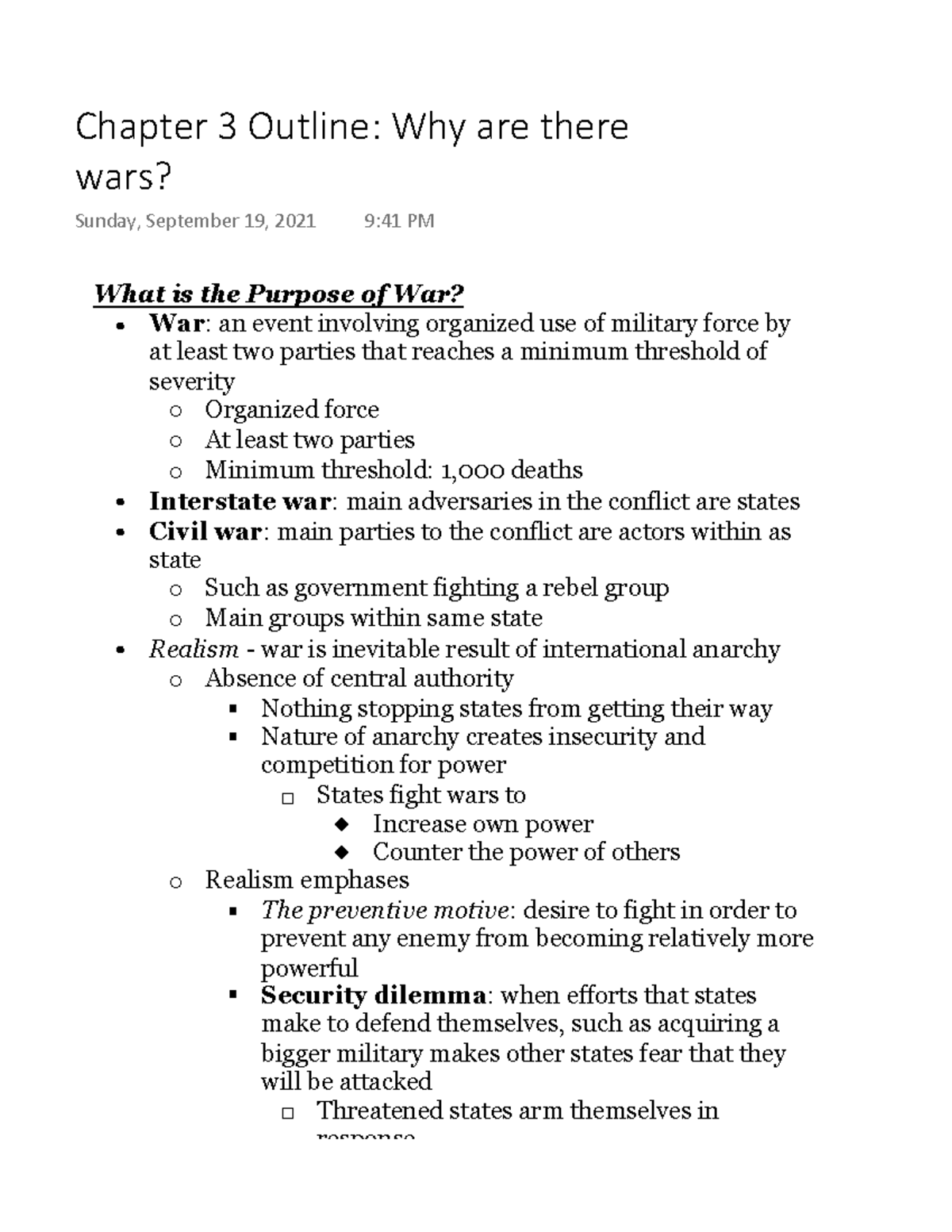Chapter 3 Outline Why are there wars - What is the Purpose of War? War ...
