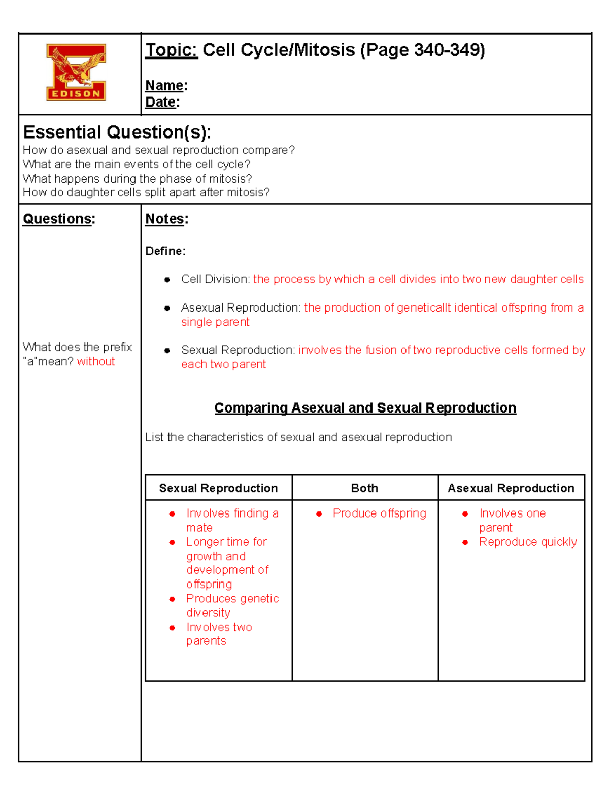 Cell Cycle Mitosis-Cornell Notes-KEY - Topic: Cell Cycle/Mitosis (Page ...