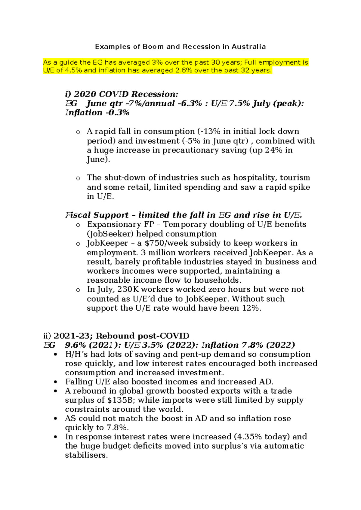 Examples of Boom and Recession in Australia - i) 2020 COVID Recession ...
