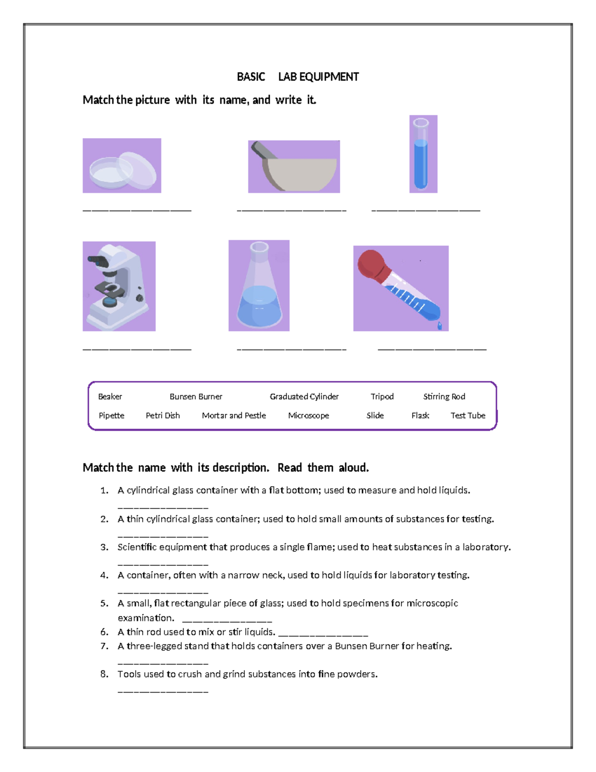 Basic LAB Equipment worksheet - BASIC LAB EQUIPMENT Match the picture ...