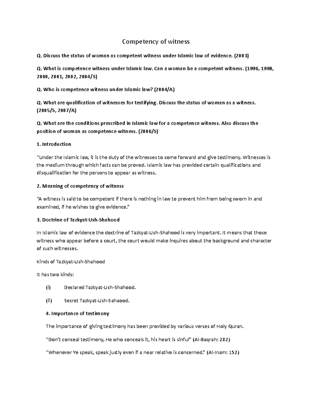 Competency of witness - Discuss the status of woman as competent ...