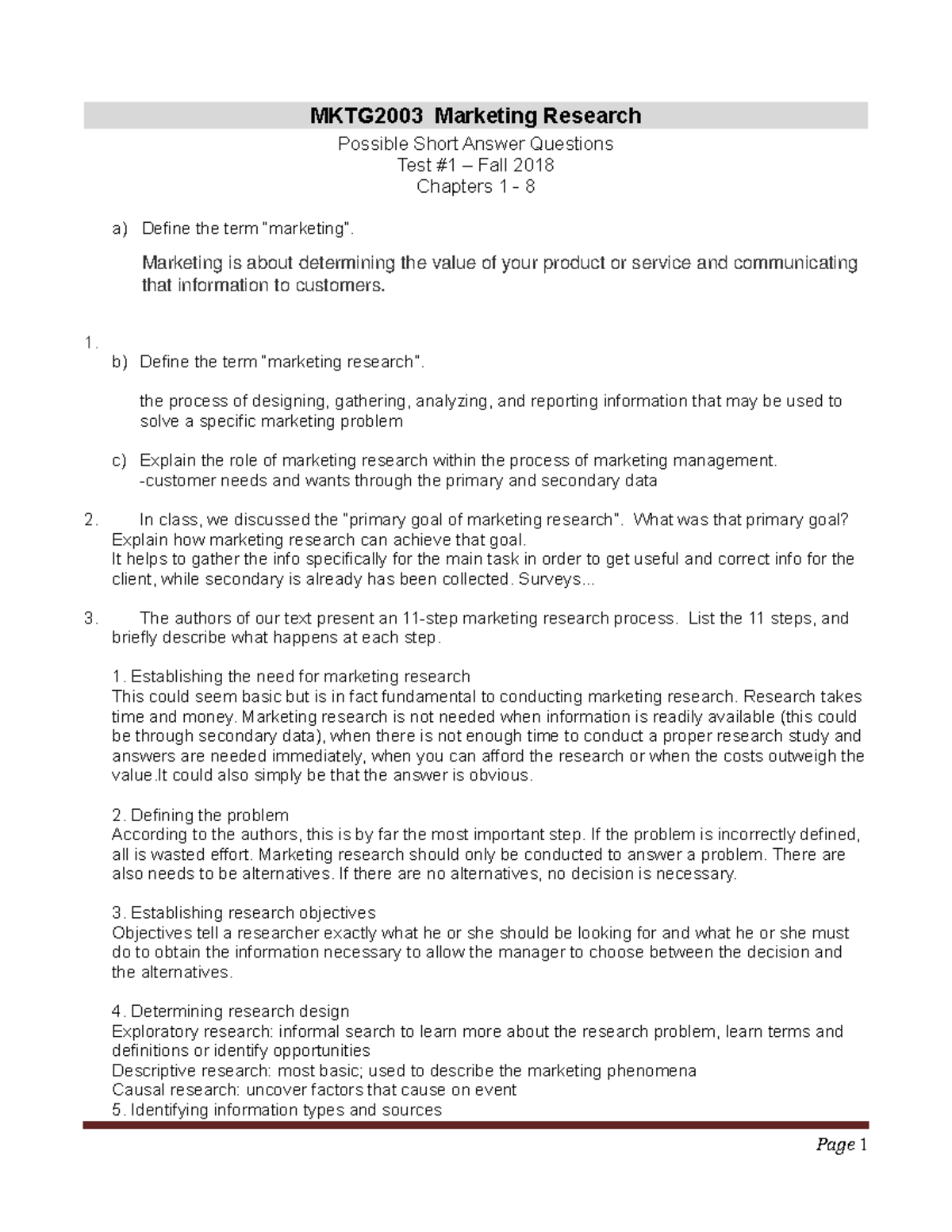 Marketing Research - MKTG2003 Marketing Research Possible Short Answer ...