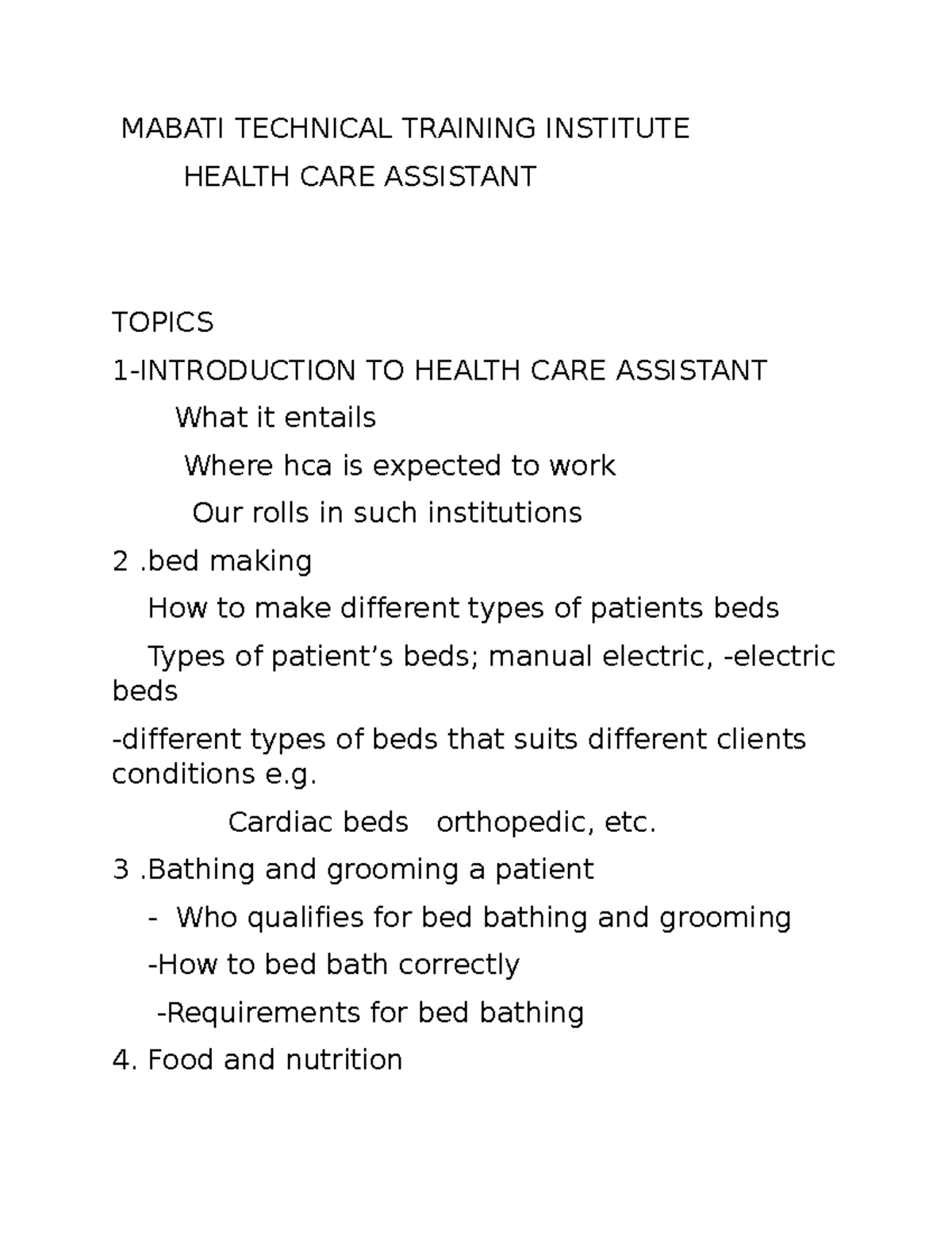 Hca document - MABATI TECHNICAL TRAINING INSTITUTE HEALTH CARE ...