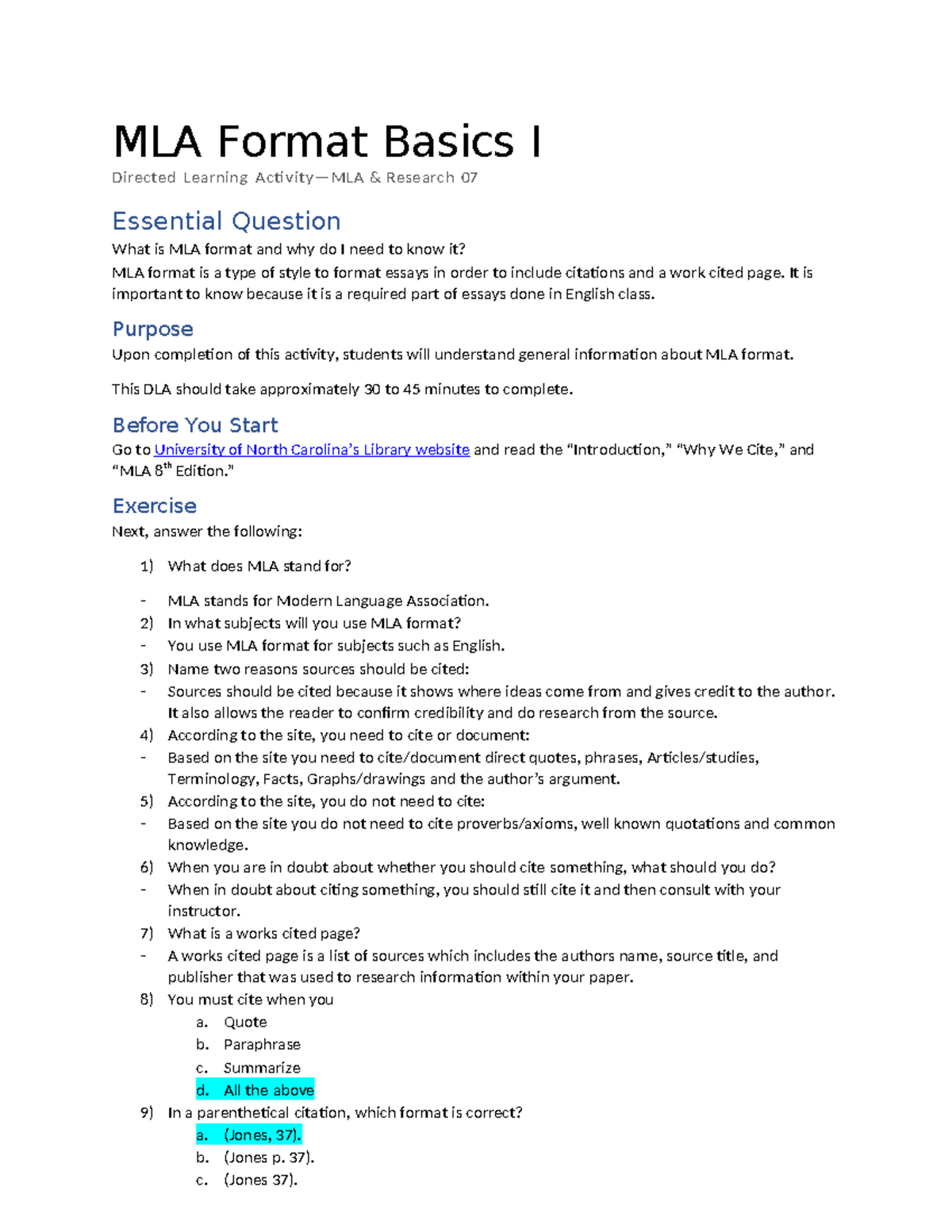 DLA - M.7 MLA format basics I (a) - MLA Format Basics I Directed ...
