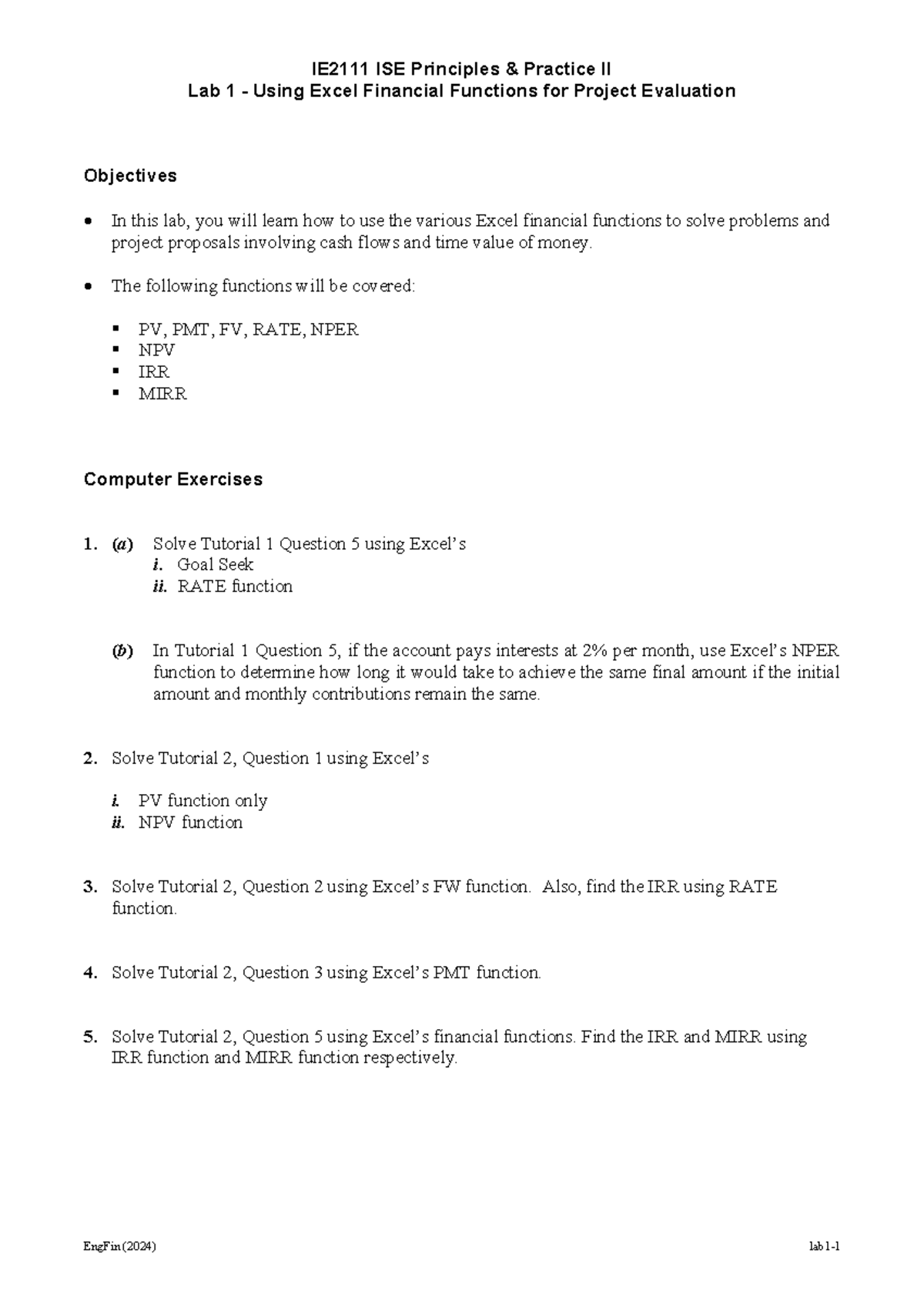 Lab-1 - Nil - EngFin (20 24 ) lab1- 1 IE2111 ISE Principles & Practice II Lab 1 - Using Excel ...