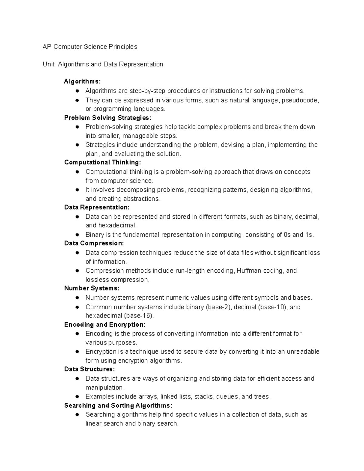 AP Computer Science Principles Algorithms And Data Representation