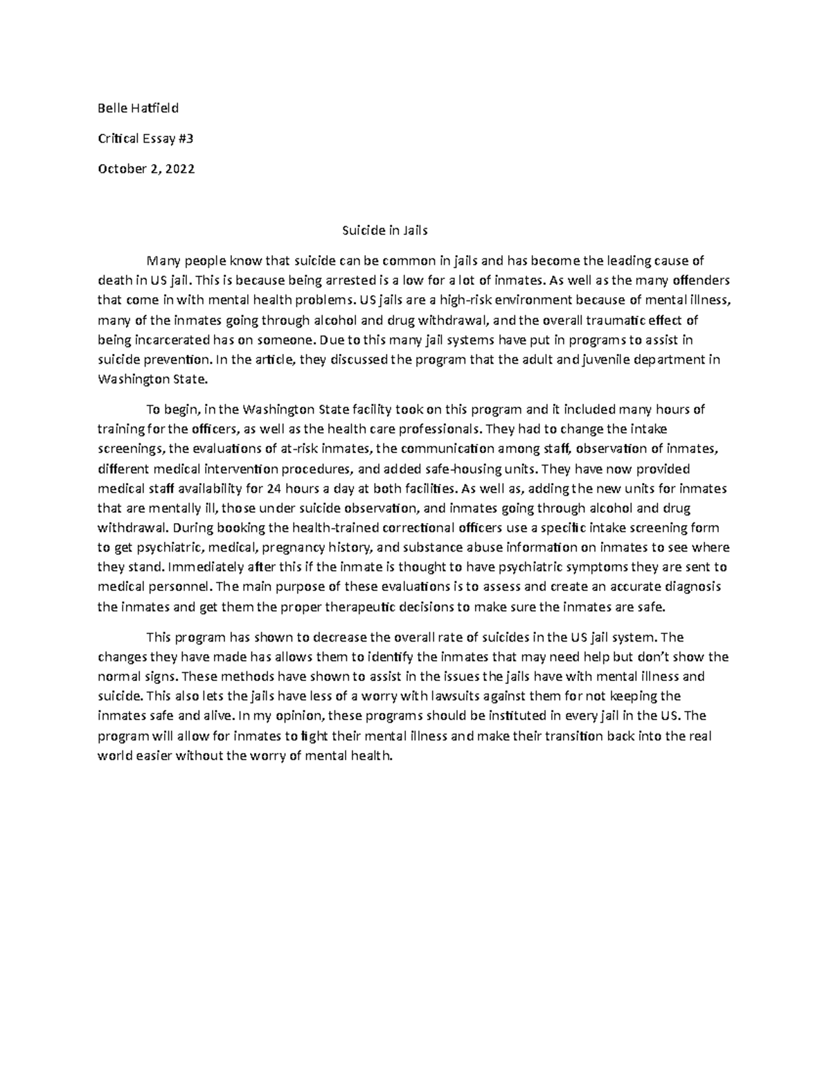 Critical Essay #3 - Belle Hatfield Critical Essay # October 2, 2022 ...