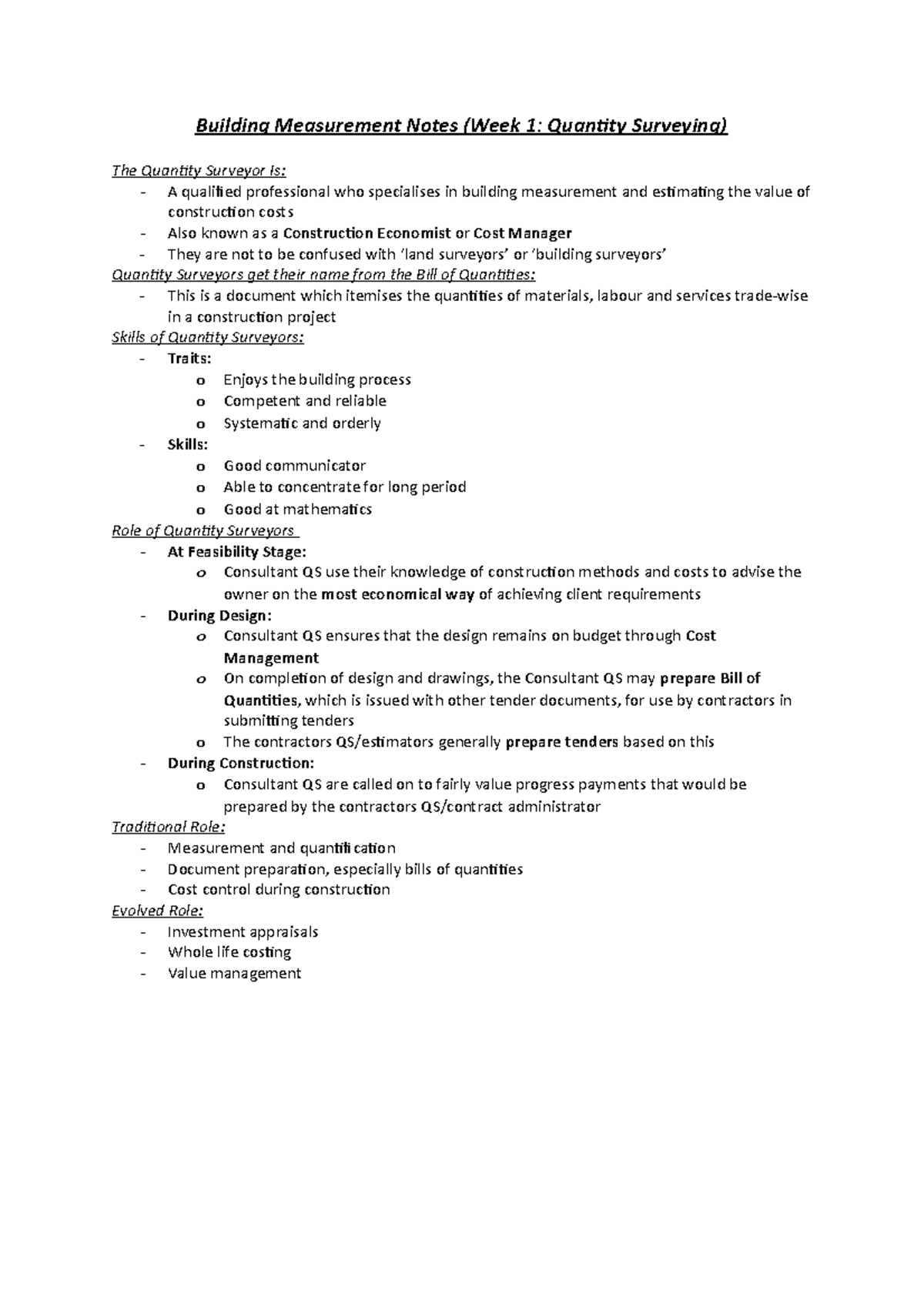 Building Measurement Notes All weeks - Building Measurement Notes (Week ...
