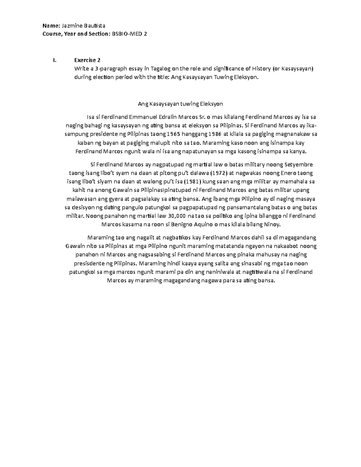 Exercise 2 Bautista, Jazmine - Name: Jazmine Bautista Course, Year and ...