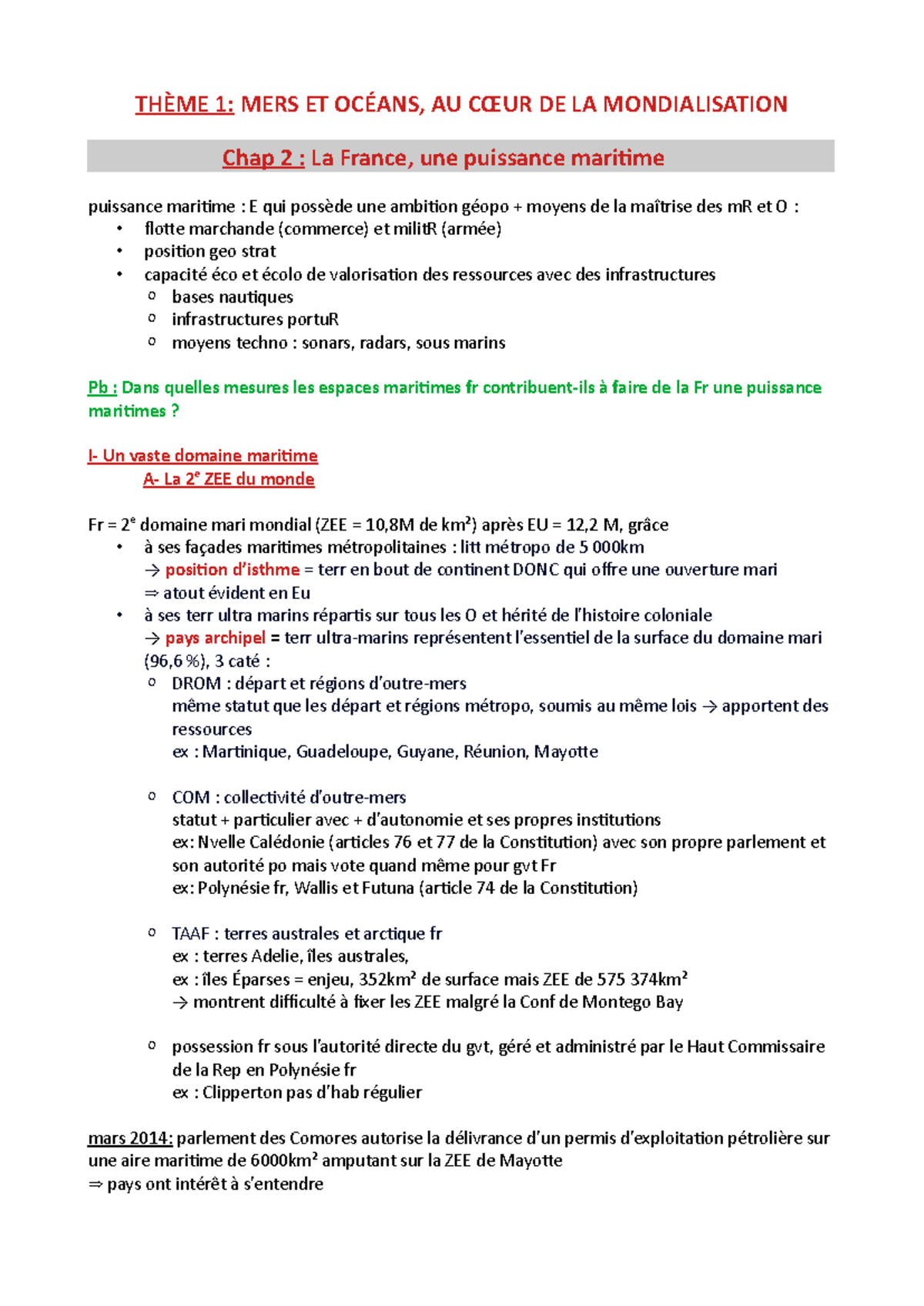 Fiche de révision TH1 Chap2 - THÈME 1: MERS ET OCÉANS, AU CŒUR DE LA ...