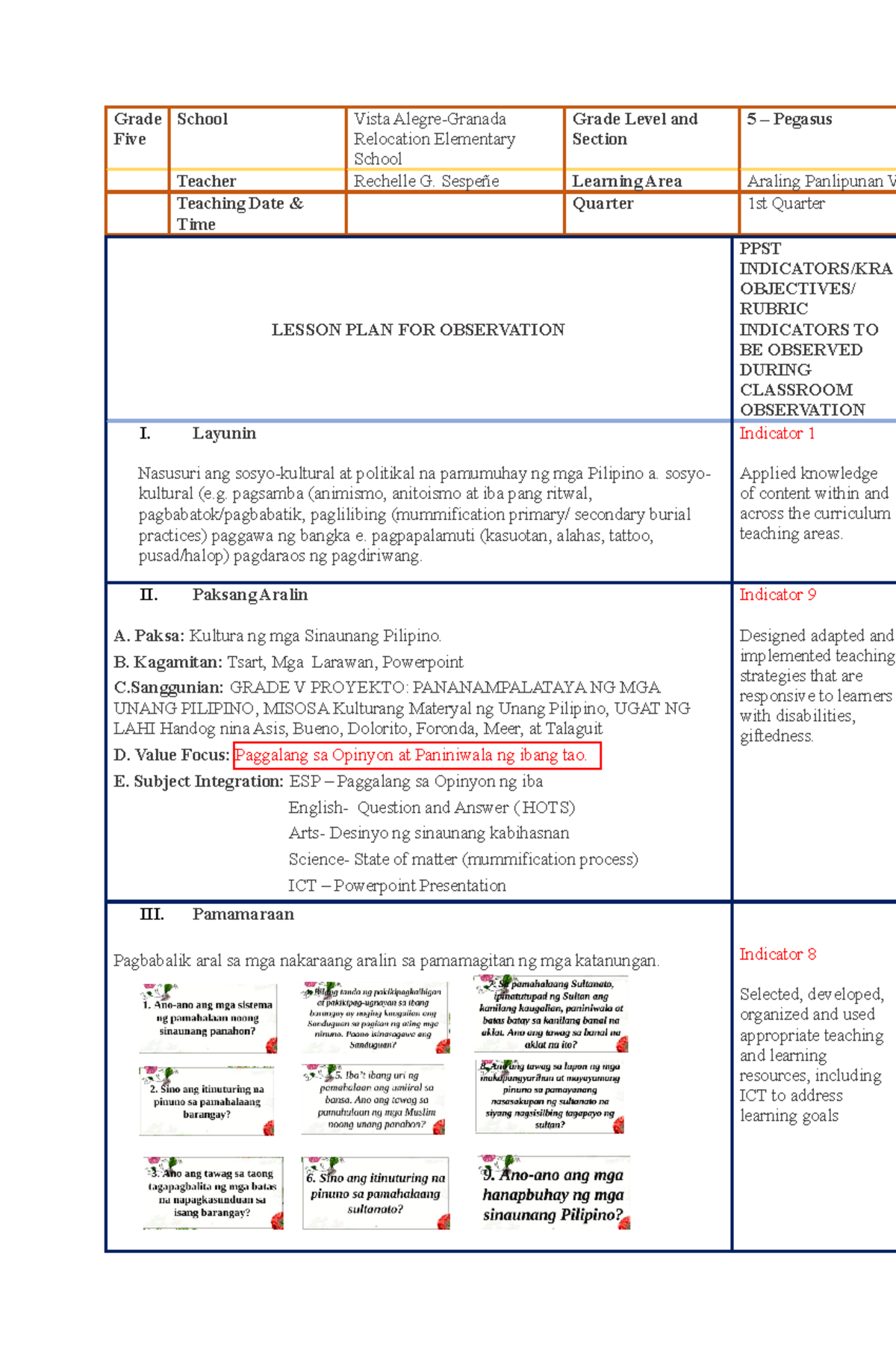 COT LP 1ST - N/a - Grade Five School Vista Alegre-Granada Relocation ...