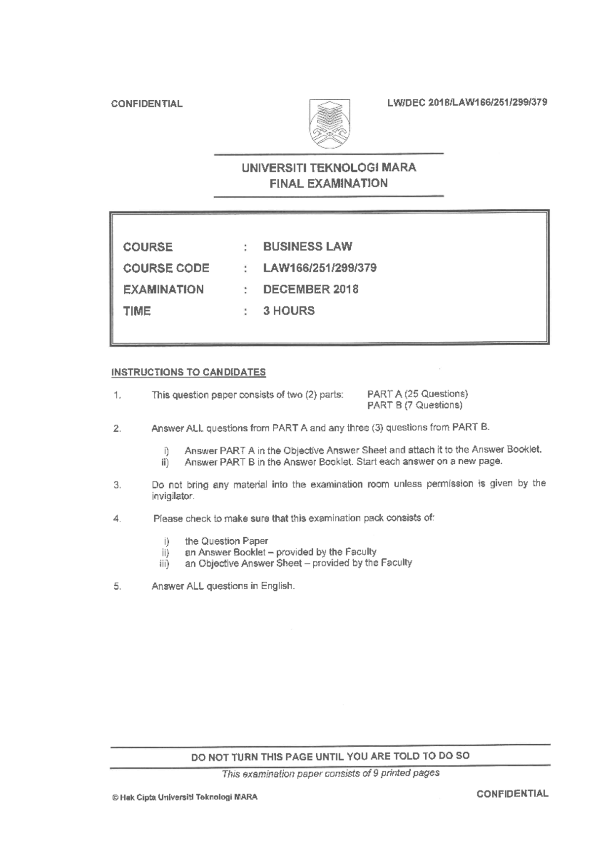 LAW299 - Business Law - December 2018 - Studocu