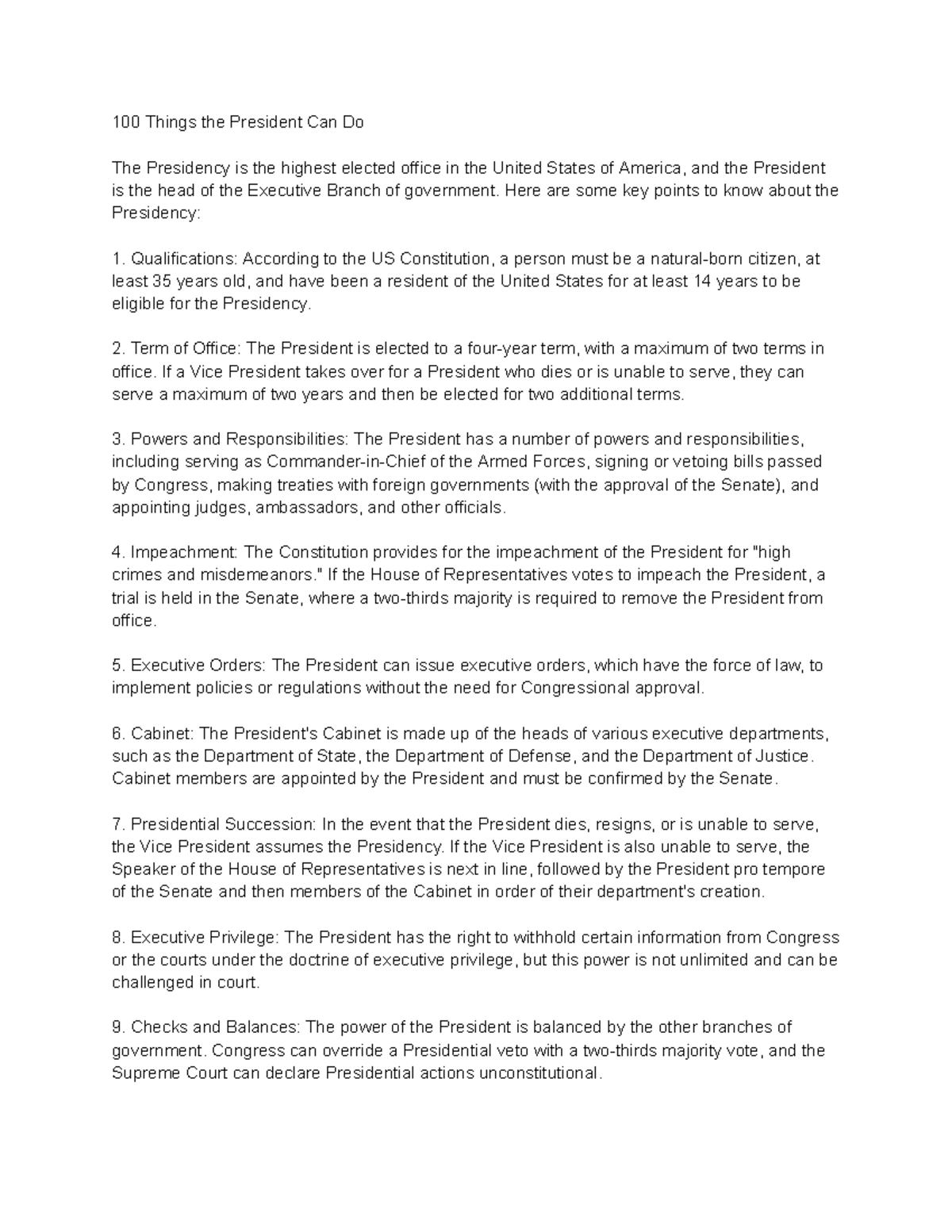 The Presidency Notes - 100 Things the President Can Do The Presidency ...