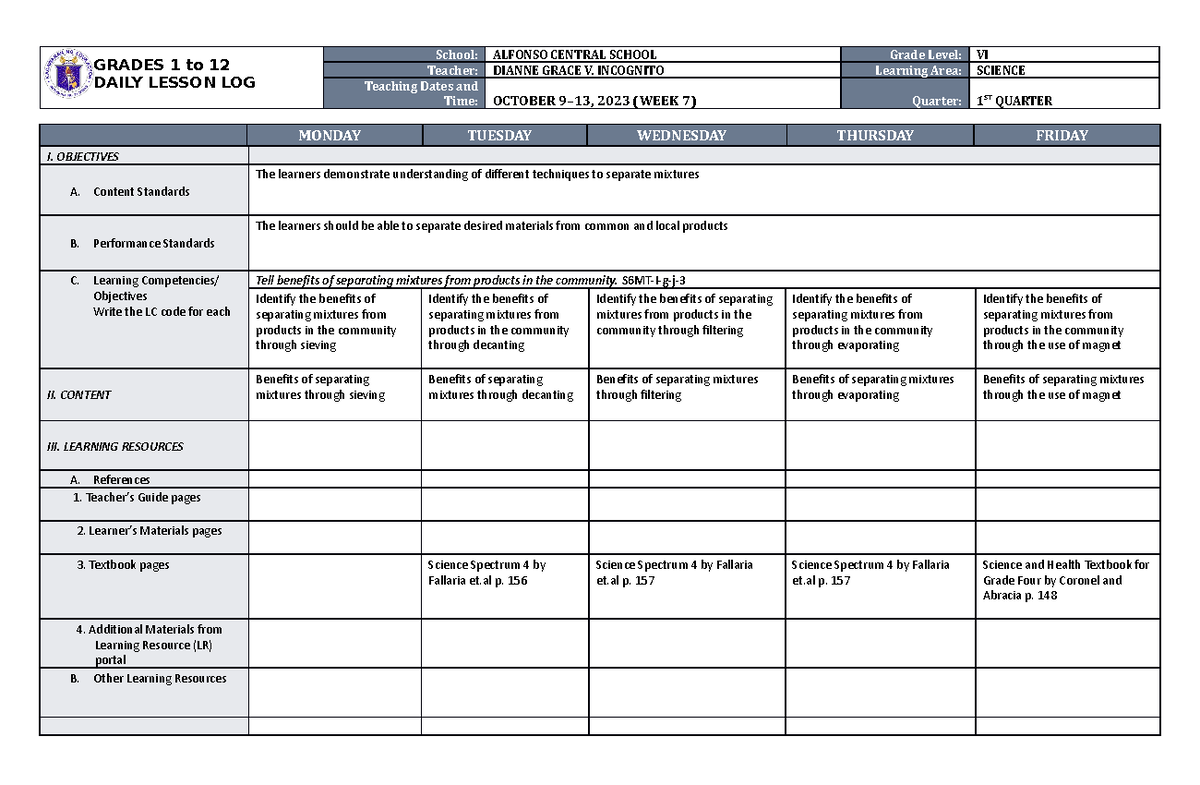 DLL Science 6 Q1 W7 - daily lesson log - GRADES 1 to 12 DAILY LESSON LOG School: ALFONSO CENTRAL ...