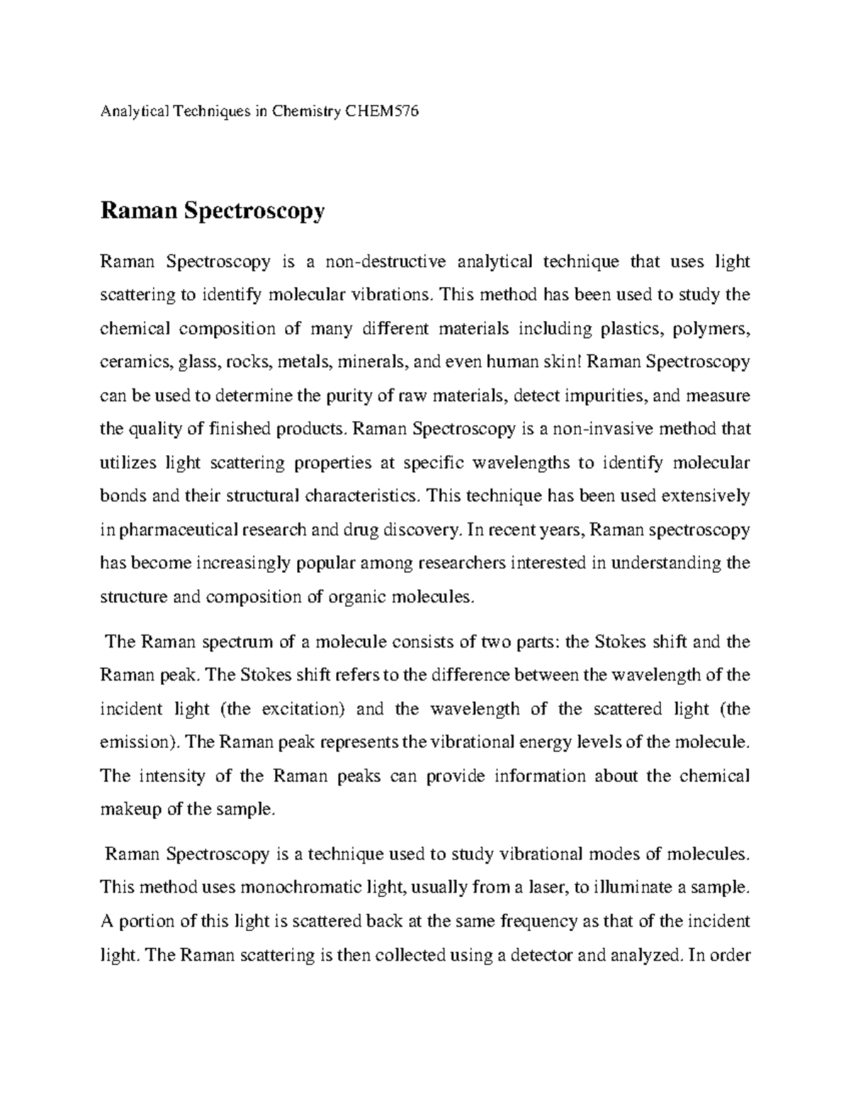 Raman spectroscopy notes - Analytical Techniques in Chemistry CHEM ...