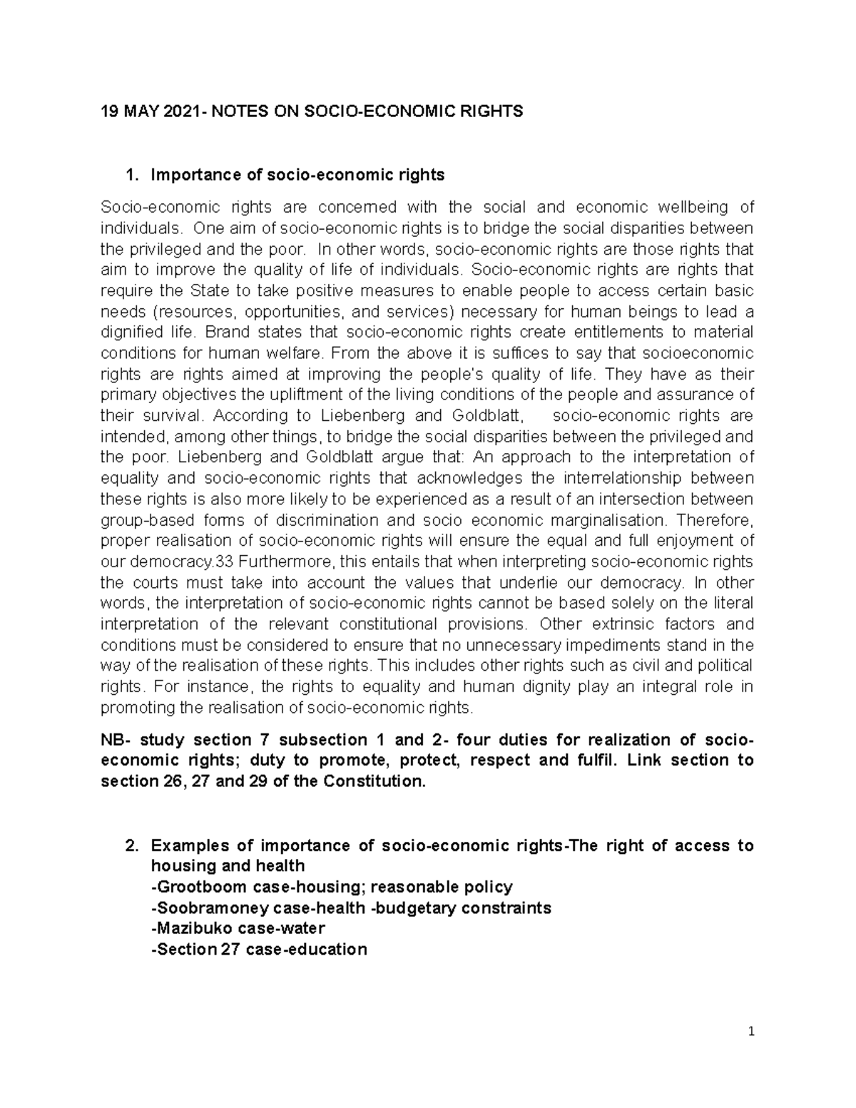 19 MAY 2021 Importance of socio-economic rights - 19 MAY 2021- NOTES ON ...