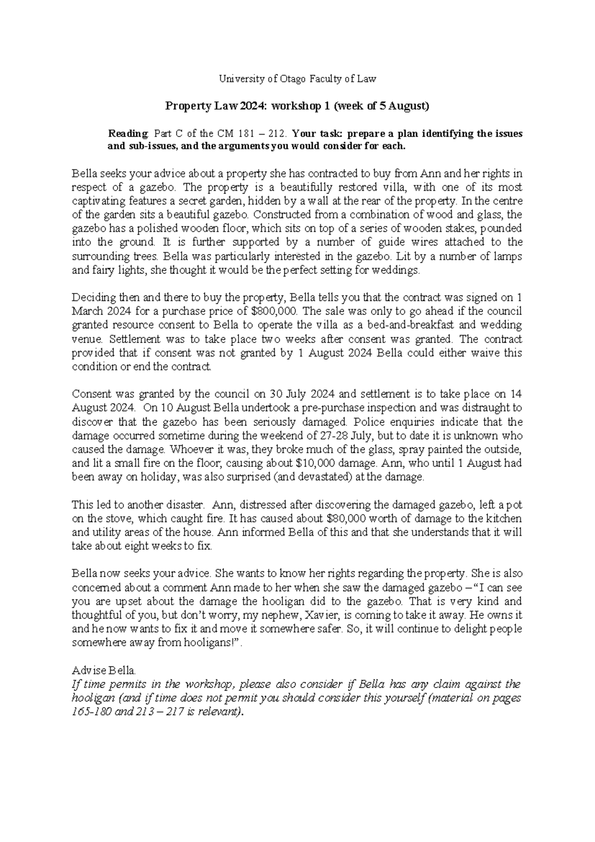 Workshop 1 2024 problem - DRAFT University of Otago Faculty of Law ...