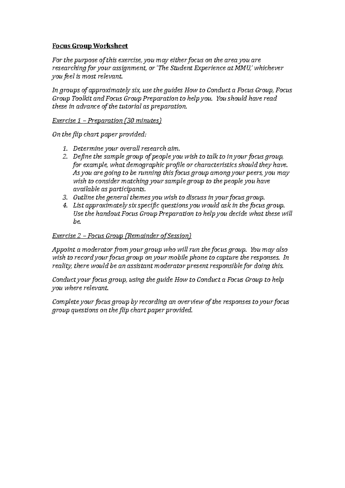 Focus Group Worksheet - In groups of approximately six, use the guides ...