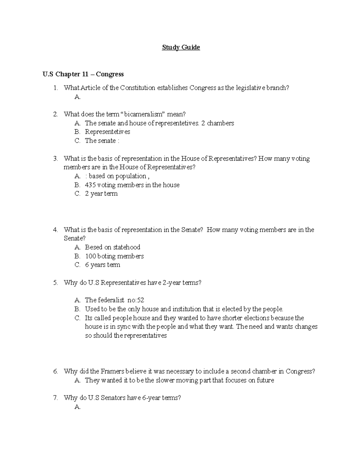 Chapter 11 Study Guide 2024 - Study Guide U Chapter 11 – Congress What ...