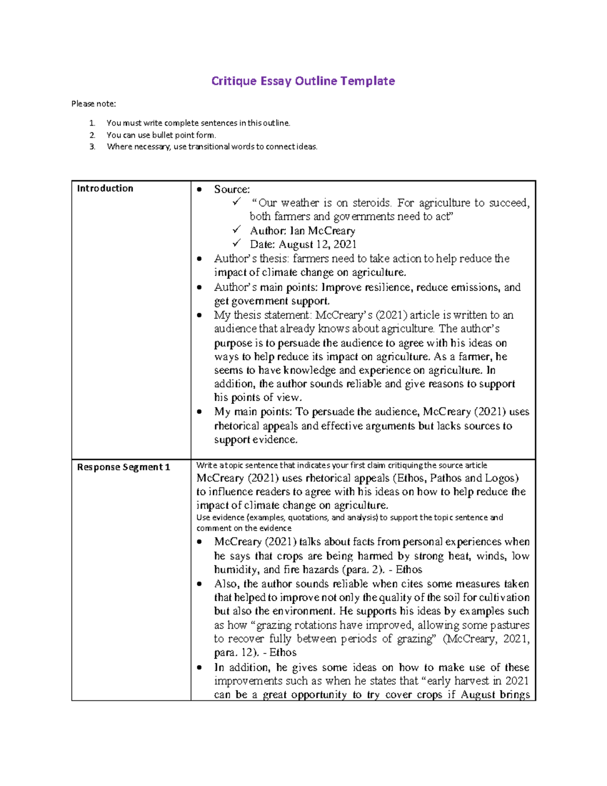 COMM171 Critique Essay 2 - Critique Essay Outline Template Please note ...