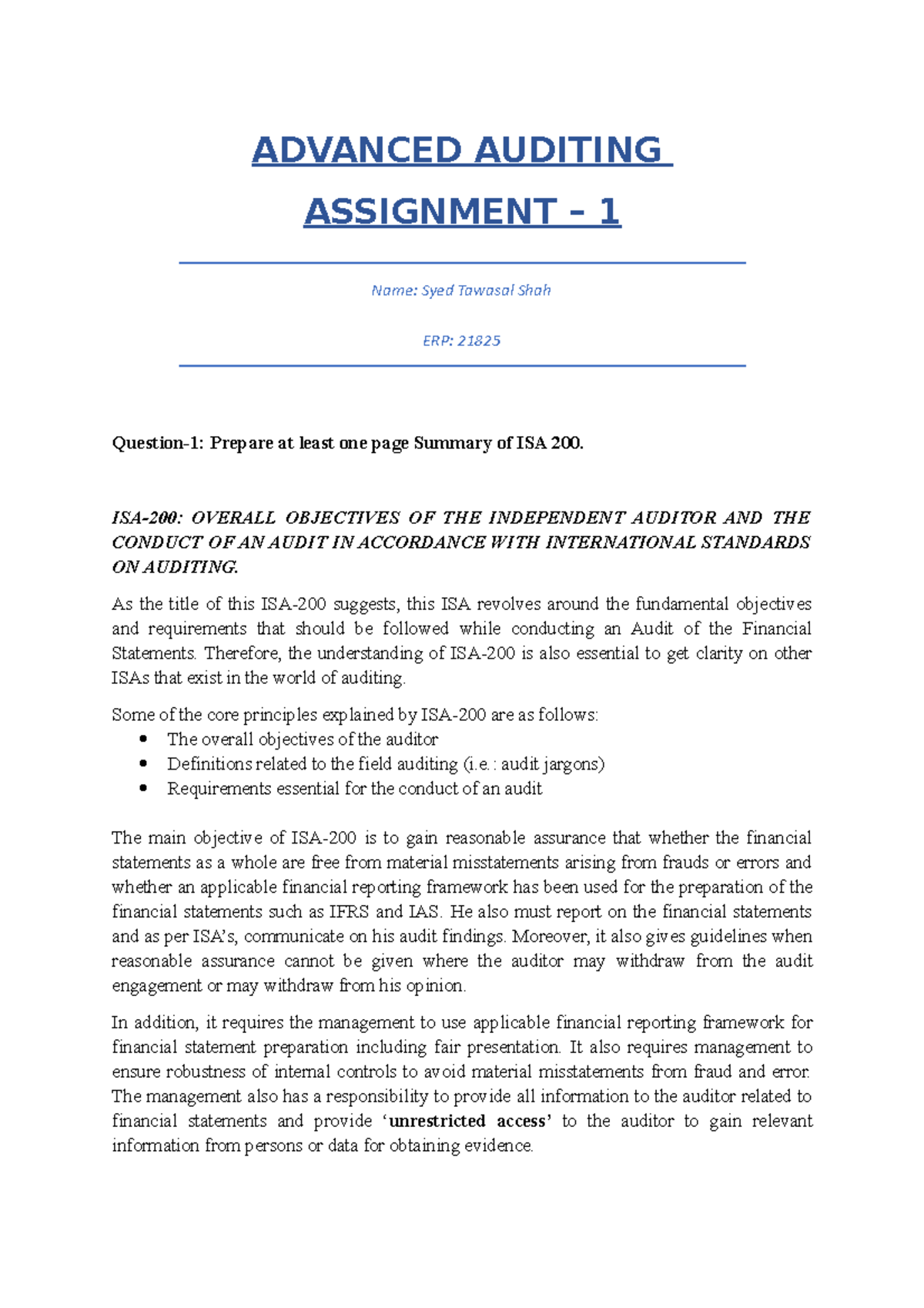 Advanced Auditing Assignment 1 Advanced Auditing Assignment 1 Name Syed Tawasal Shah Erp