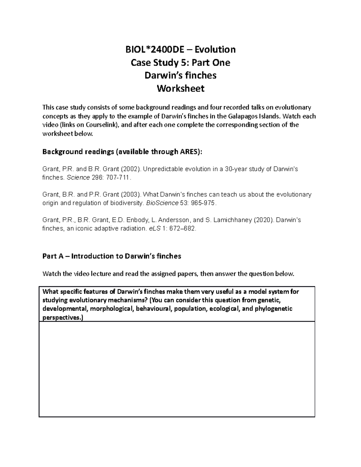 Case Study 5 Part One worksheet - BIOL*2400DE – Evolution Case Study 5 ...