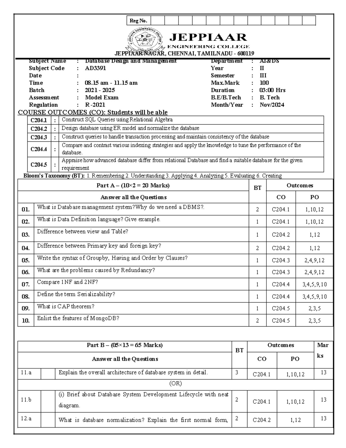 Model QP -DBDM SET A - ML BOOK - JEPPIAAR NAGAR, CHENNAI, TAMILNADU - 600119 Subject Name ...