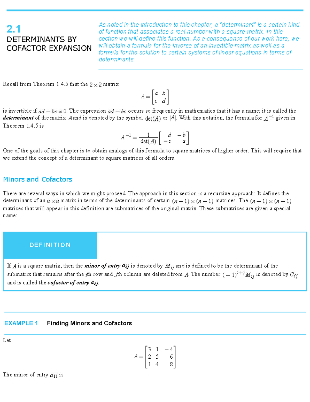 Notes Determinants - Note - 2. DETERMINANTS BY COFACTOR EXPANSION As ...