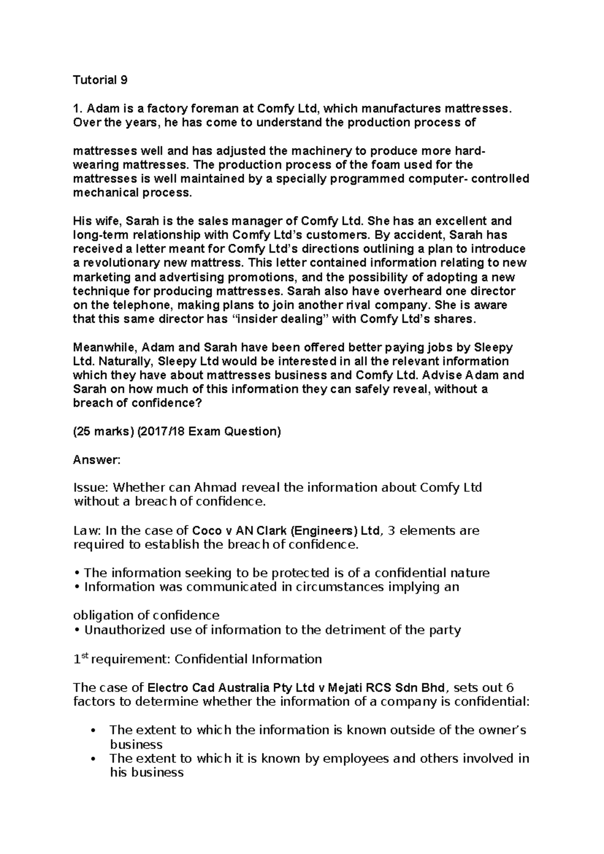 Tutorial 9 IP - Tutorial 9 Adam is a factory foreman at Comfy Ltd, which manufactures mattresses ...