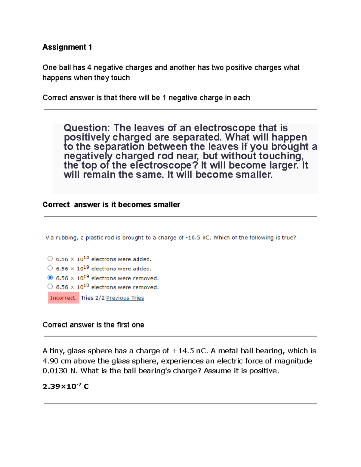Physics 2 Lon Capa Assignments - Assignment 1 One ball has 4 negative ...