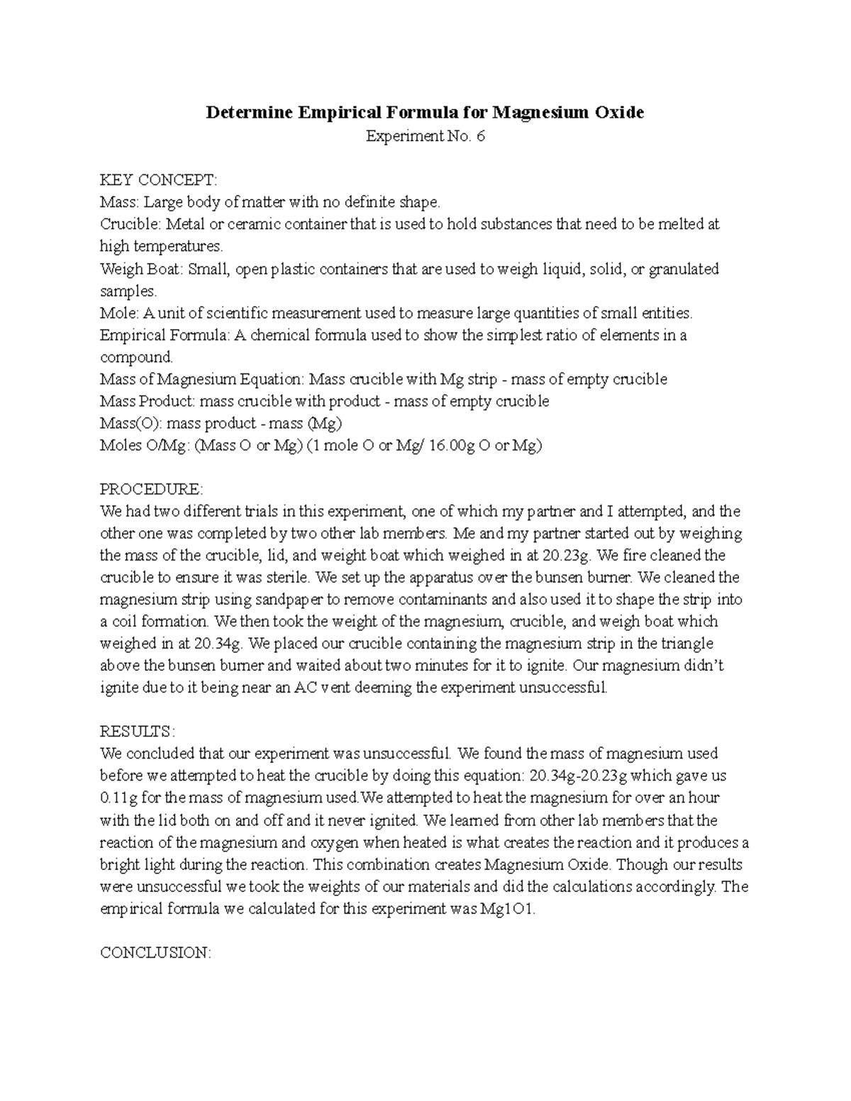 Lab 6 Summary - Determine Empirical Formula for Magnesium Oxide ...