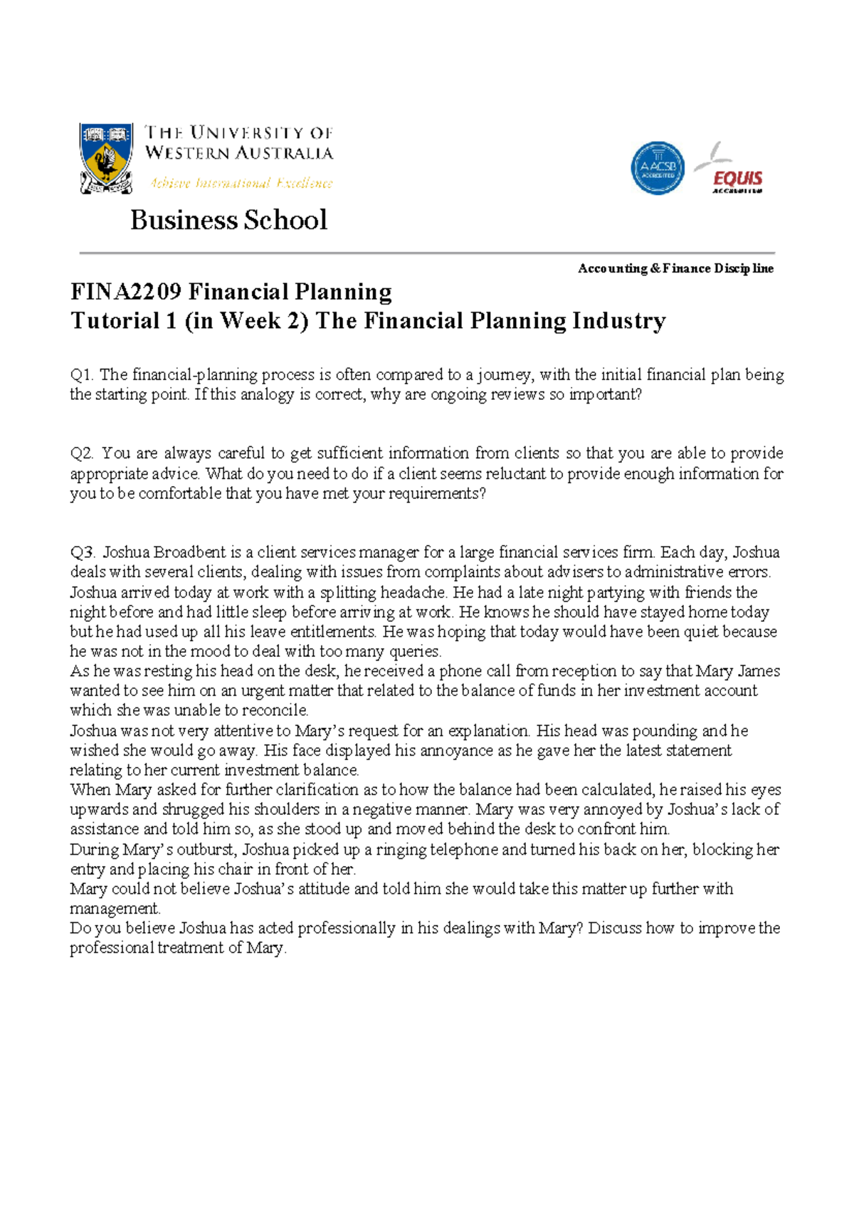 Tutorial 1 - Business School Accounting & Finance Discipline FINA2209 ...