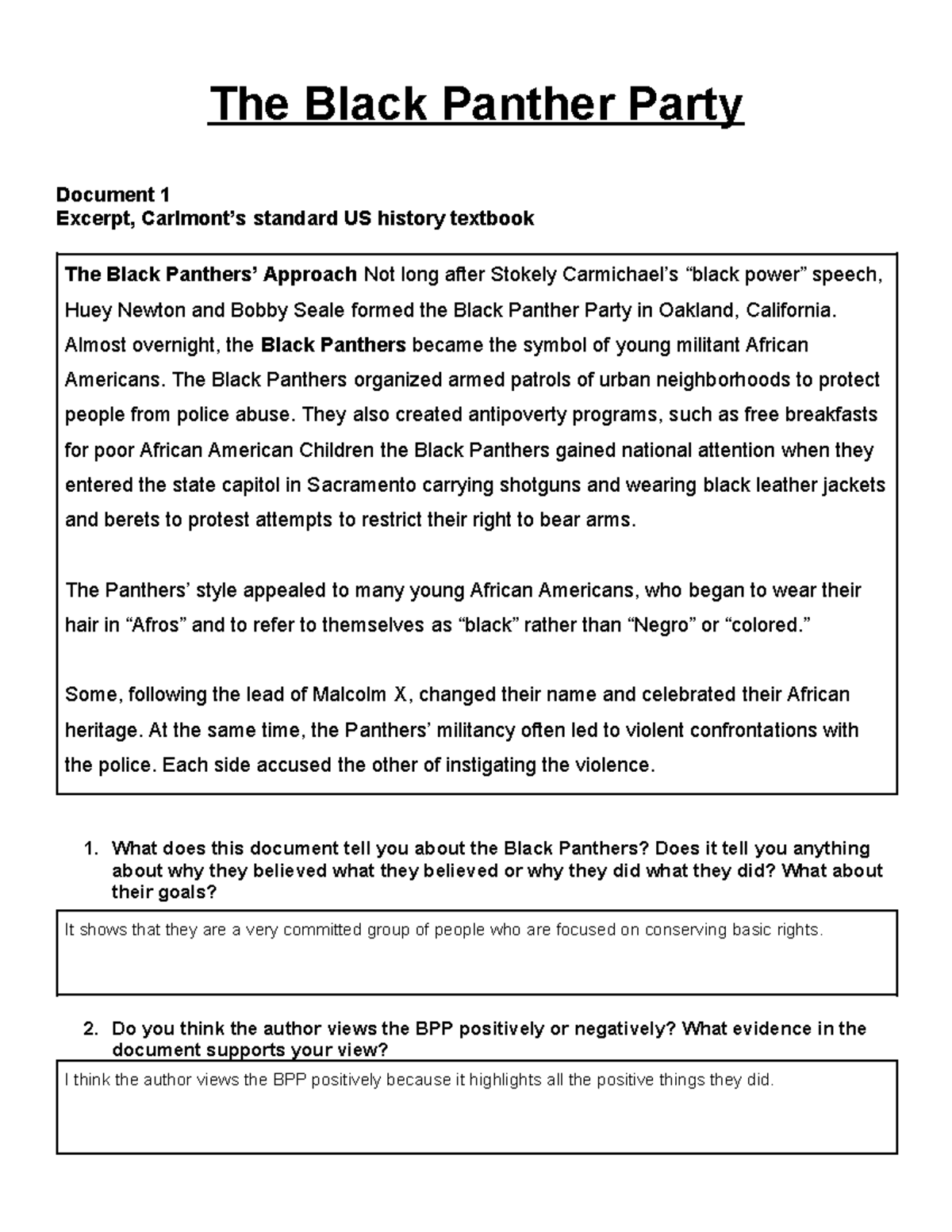 Black Panthers - Unit 4 - The Black Panther Party Document 1 Excerpt ...