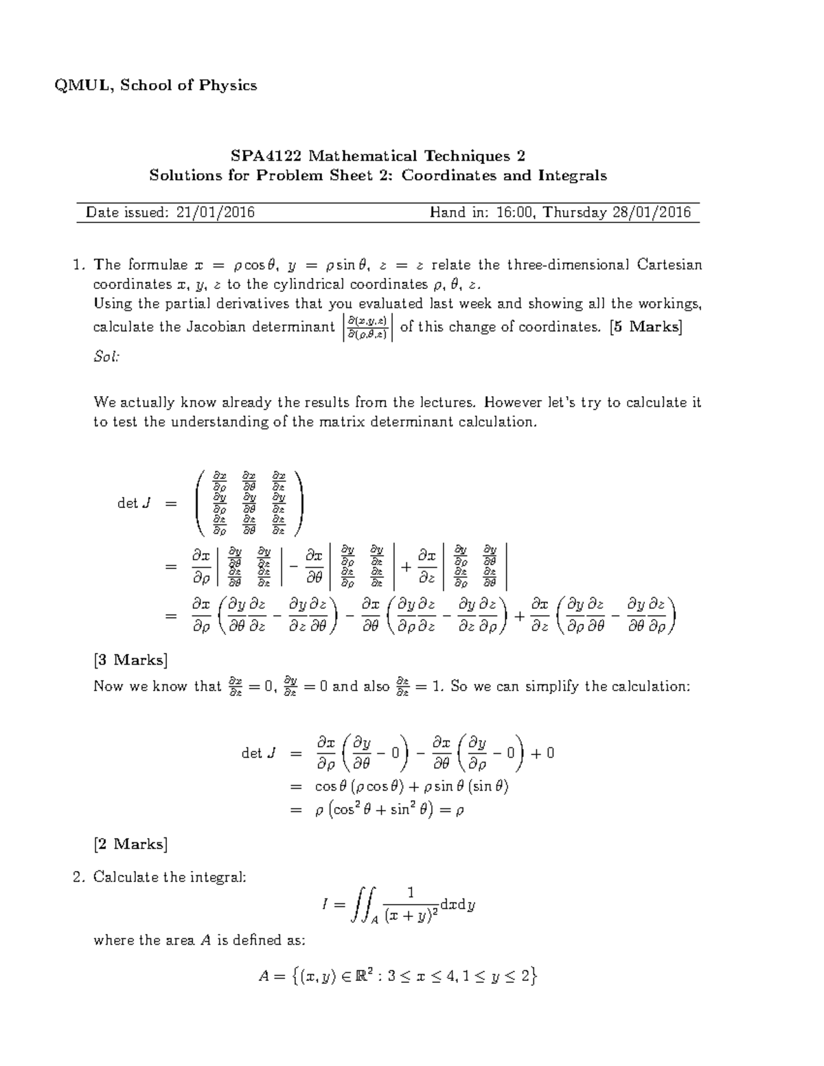 Problem Sheet 02 Solutions - QMUL, School of Physics SPA4122 Mathematical Techniques 2 Solutions ...