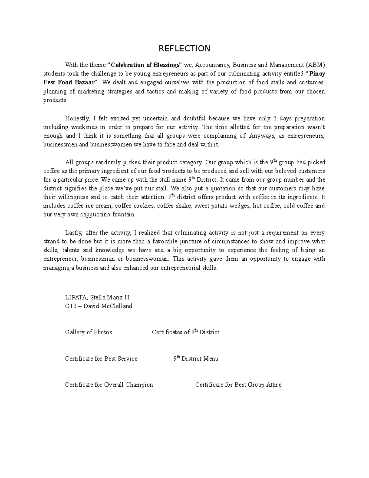 Reflection - Grade: 11 - REFLECTION With the theme “ Celebration of ...