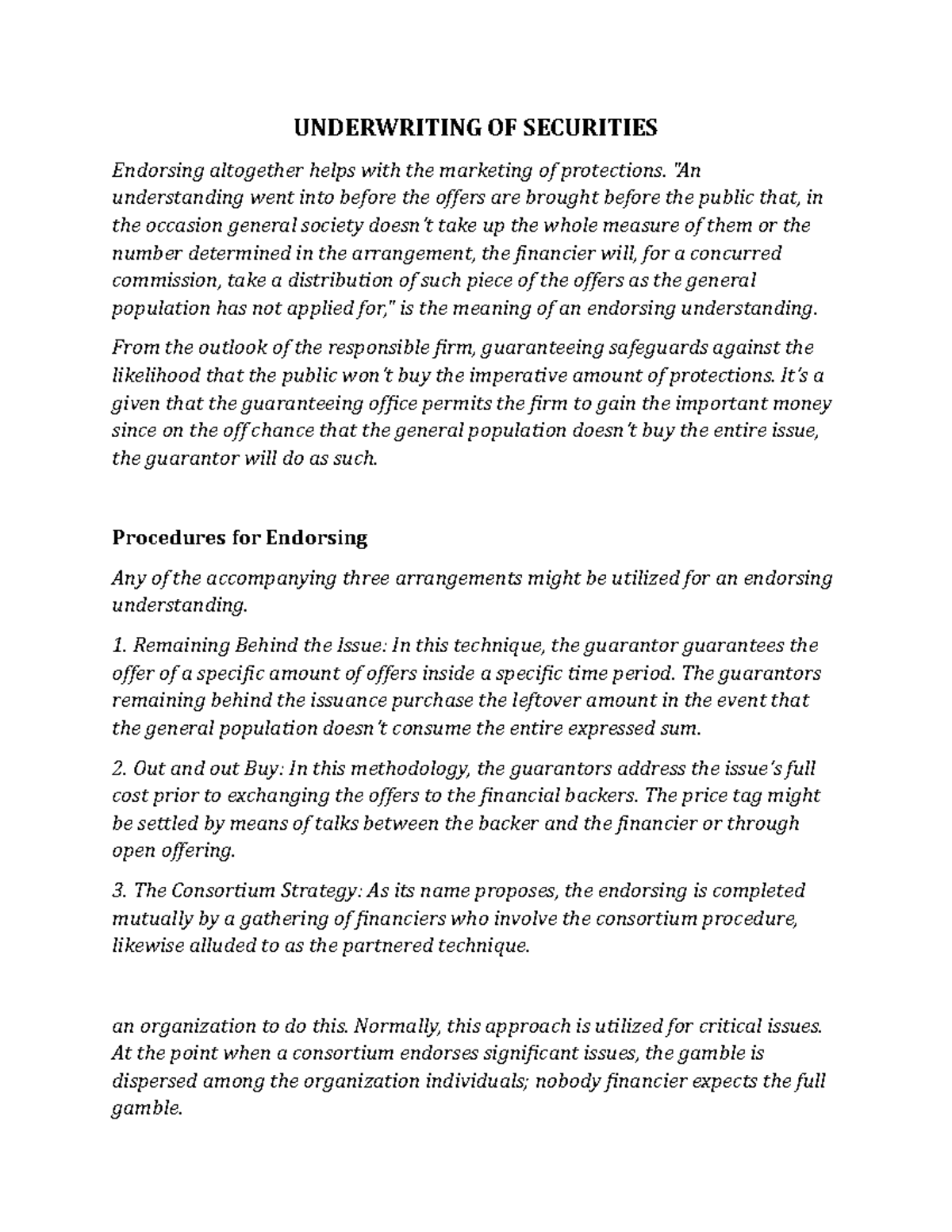 Underwriting OF Securities - UNDERWRITING OF SECURITIES Endorsing ...